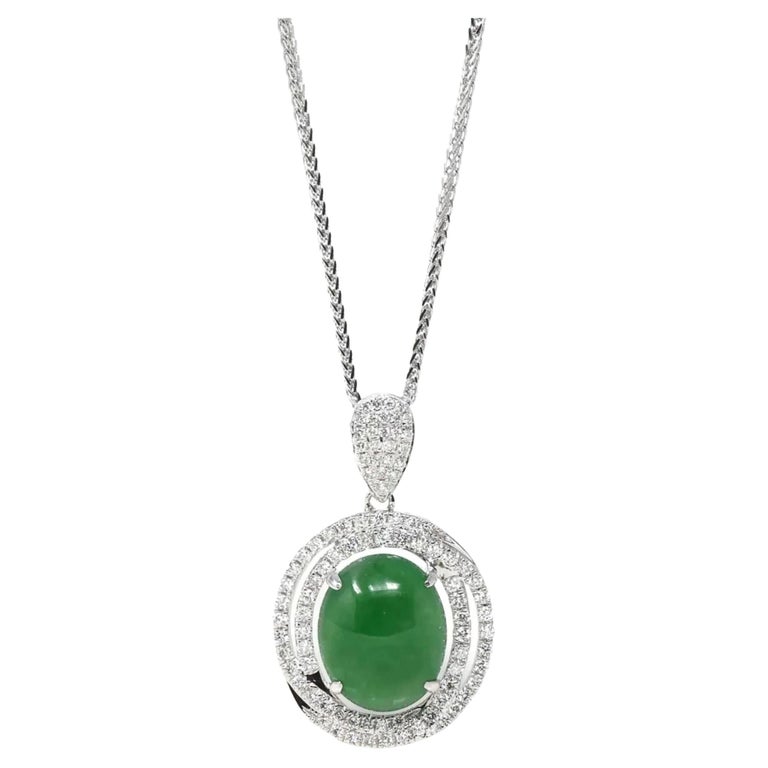 18k White Gold Oval Imperial Jadeite Jade Cabochon Necklace with ...