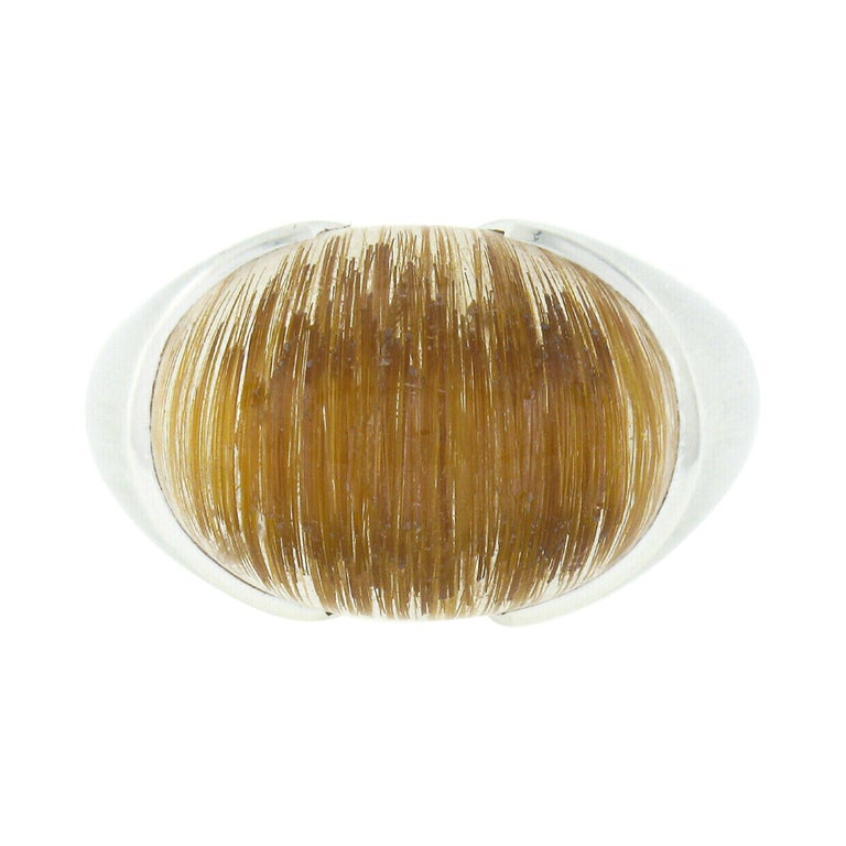 18k White Gold Oval Rutilated Quartz Solitaire Cocktail Ring w/ Brushed ...