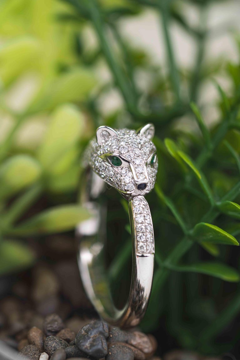 Customizable 18K White Gold Panther Animal Cocktail Ring with Emerald ...