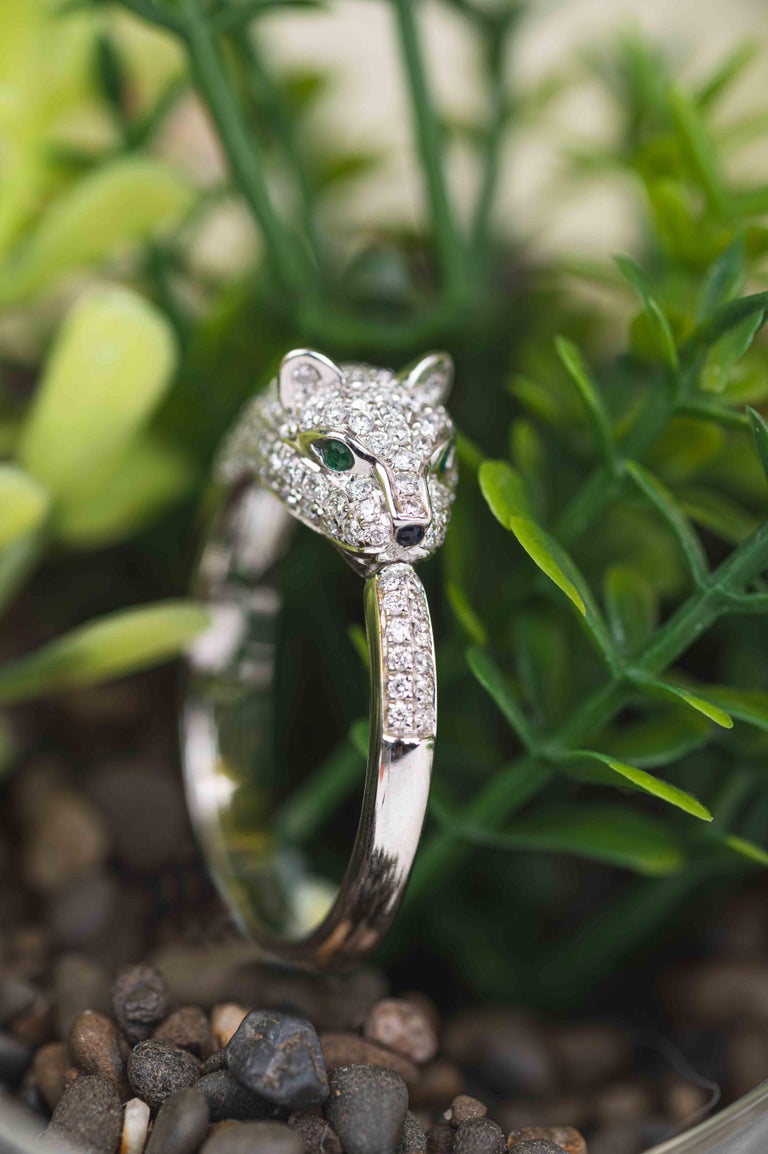 Customizable 18K White Gold Panther Animal Cocktail Ring with Emerald ...