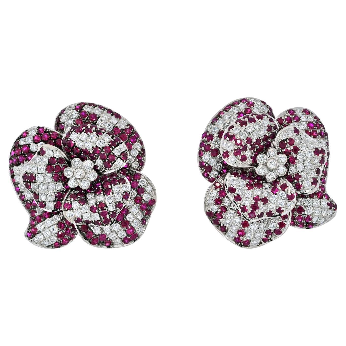 Beautiful 18 Karat White Gold Flower with Ruby and Diamonds Earrings ...