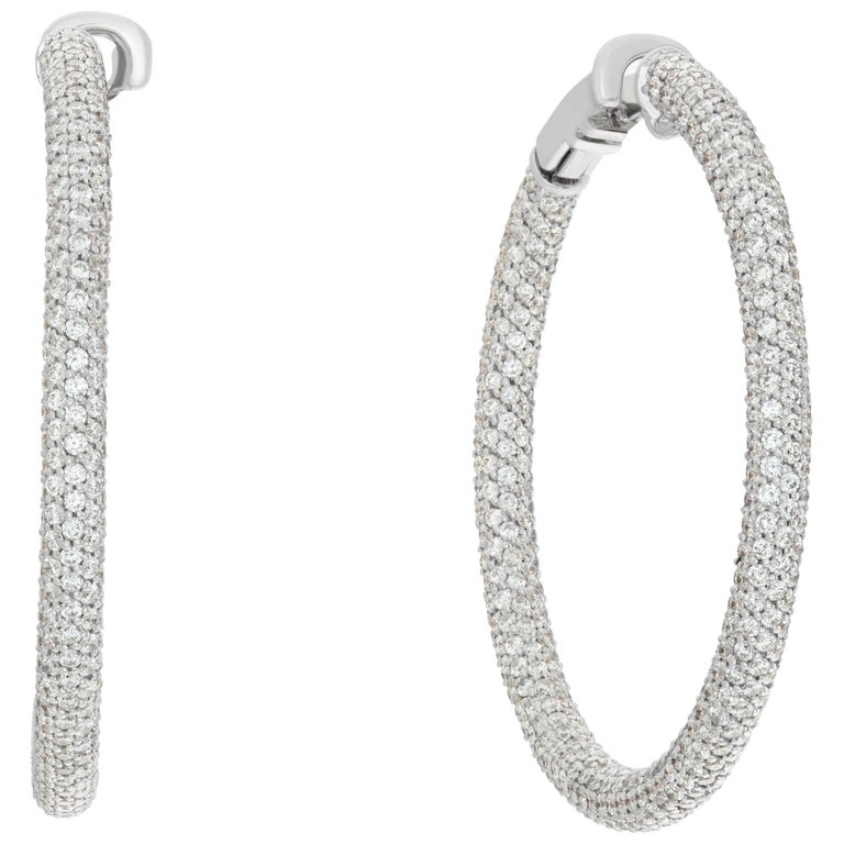 18k White Gold Pave Diamond Hoop Earrings For Sale at 1stDibs