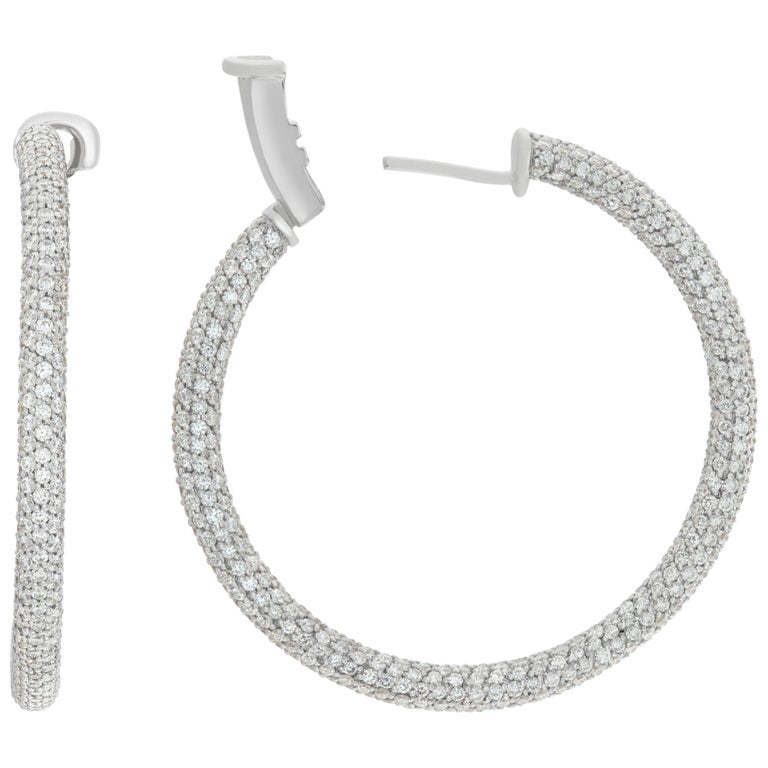 18k White Gold Pave Diamond Hoop Earrings For Sale at 1stDibs