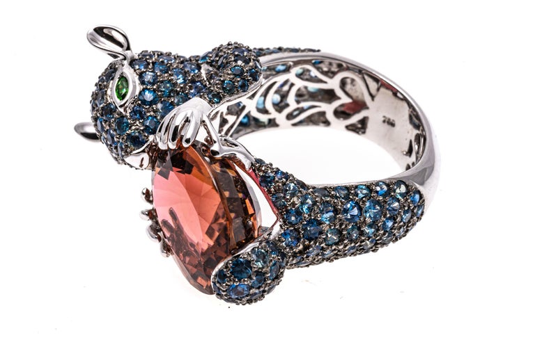 18k White Gold Pave Sapphire Squirrel Ring, Holding A Tourmaline, TCW ...