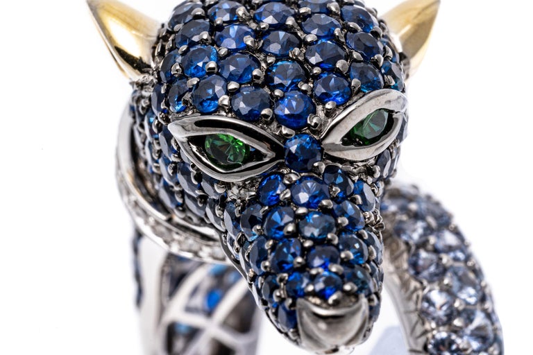 18k White Gold Pave Set Sapphire, Diamond And Tsavorite Dog Ring, Size ...