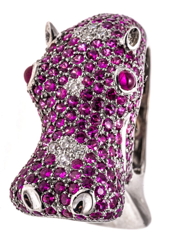 18k White Gold Pink Sapphire and Diamond Roaring Hippopotamus Ring For ...