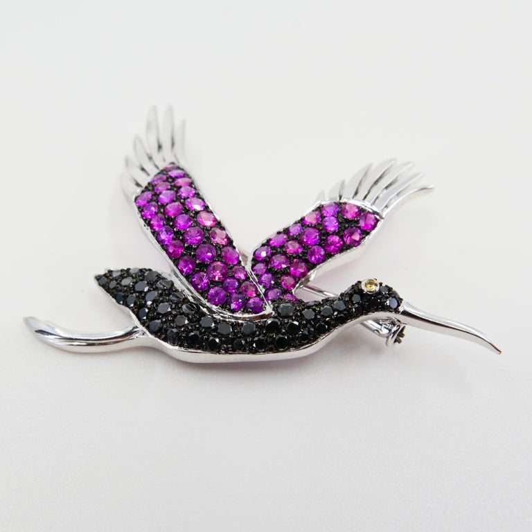 18k White Gold Pink and Yellow Sapphires, Black Diamond Stork Brooch ...