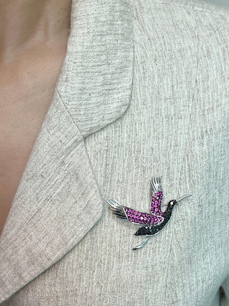 18k White Gold Pink and Yellow Sapphires, Black Diamond Stork Brooch ...
