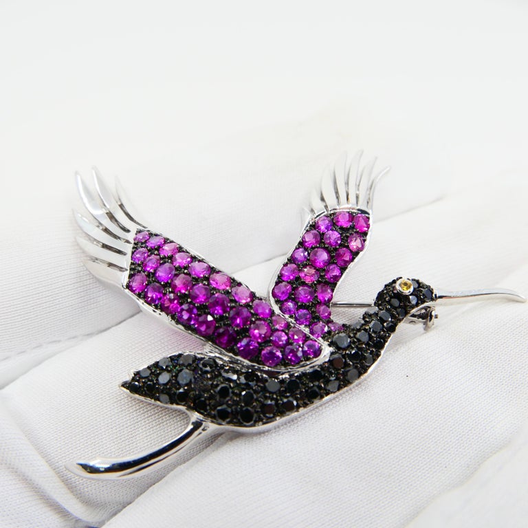 18k White Gold Pink and Yellow Sapphires, Black Diamond Stork Brooch ...