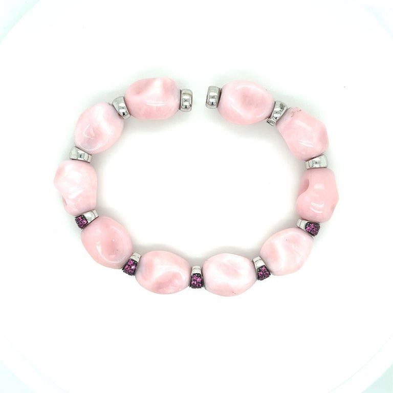 18k White Gold Raw Unformed Pink Agate and Round Cut Ruby Cuff Bangle ...