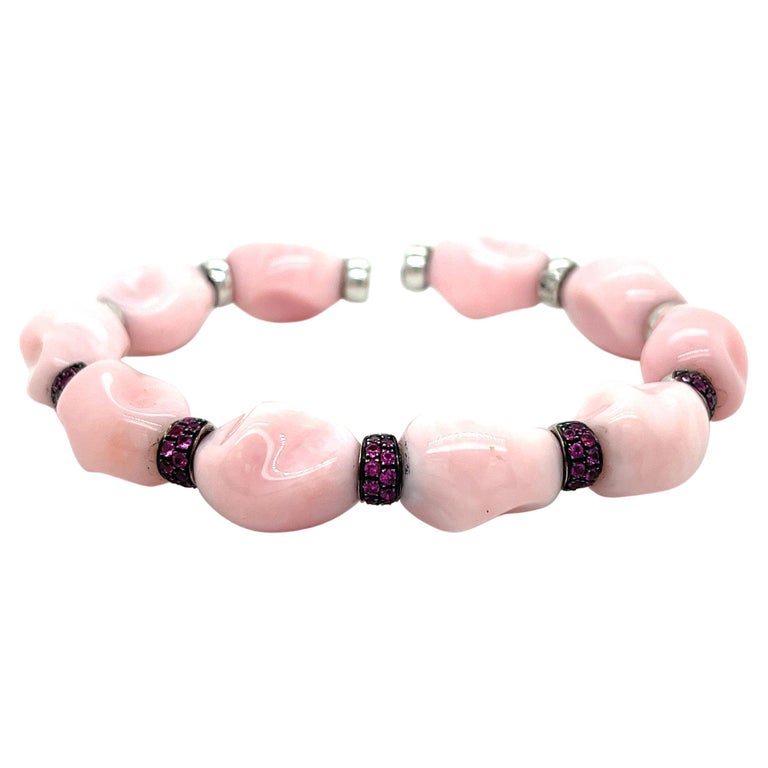 18k White Gold Raw Unformed Pink Agate and Round Cut Ruby Cuff Bangle ...