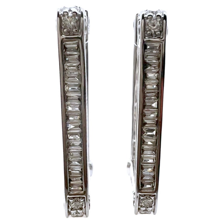 18k White Gold Rectangular Hoop Earrings with 3 Sides of Diamonds For ...