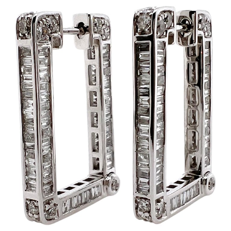 18k White Gold Rectangular Hoop Earrings with 3 Sides of Diamonds For ...