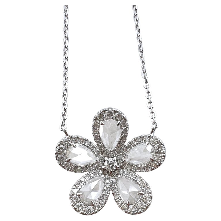 18k White Gold Rose Cut Diamond Floral Pendant For Sale at 1stDibs