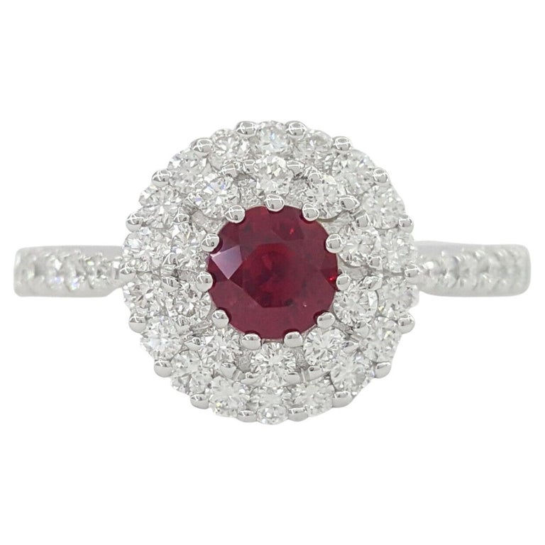 18k White Gold Round Cut Ruby and Round Brilliant Cut Diamond Ring For ...