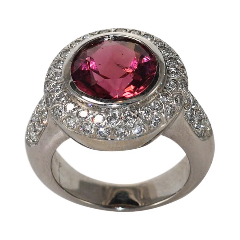 Oval Cut Rubellite and Diamond Flower Ring For Sale at 1stDibs