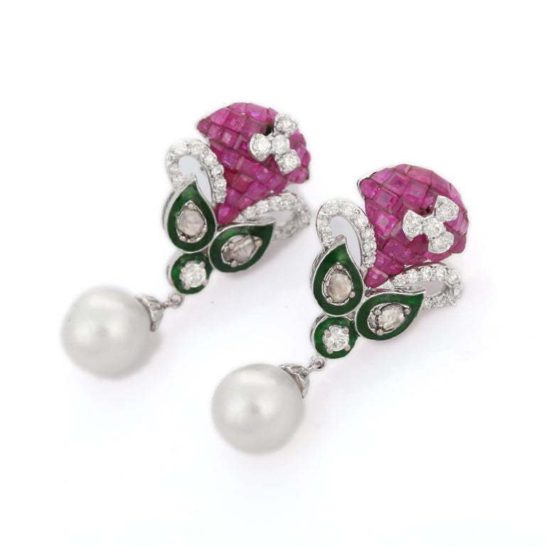 18K White Gold Ruby and Diamond Designer Dangle Earrings with Pearl For ...