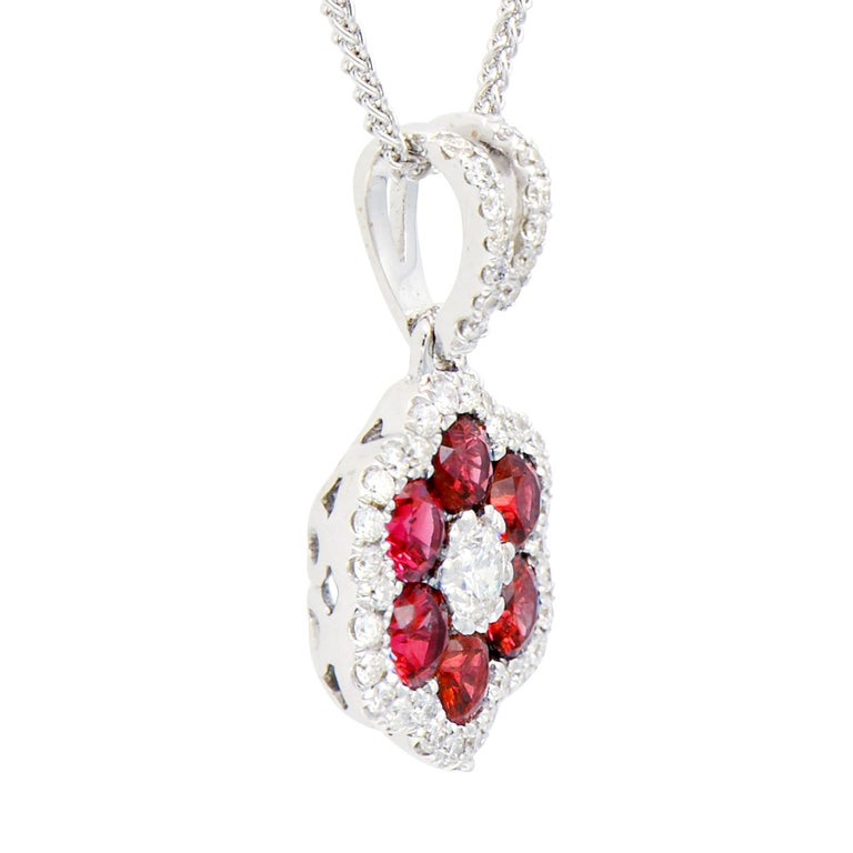 18K White Gold Ruby and Diamond Flower Pendant For Sale at 1stDibs