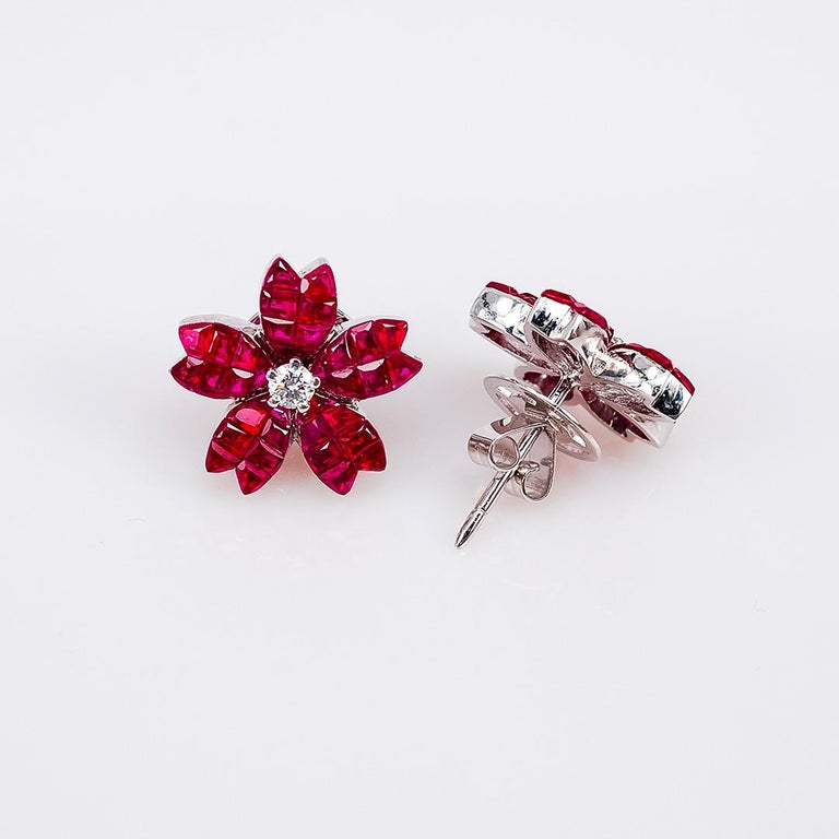 18K White gold Ruby and diamond invisible Stud Earrings For Sale at ...