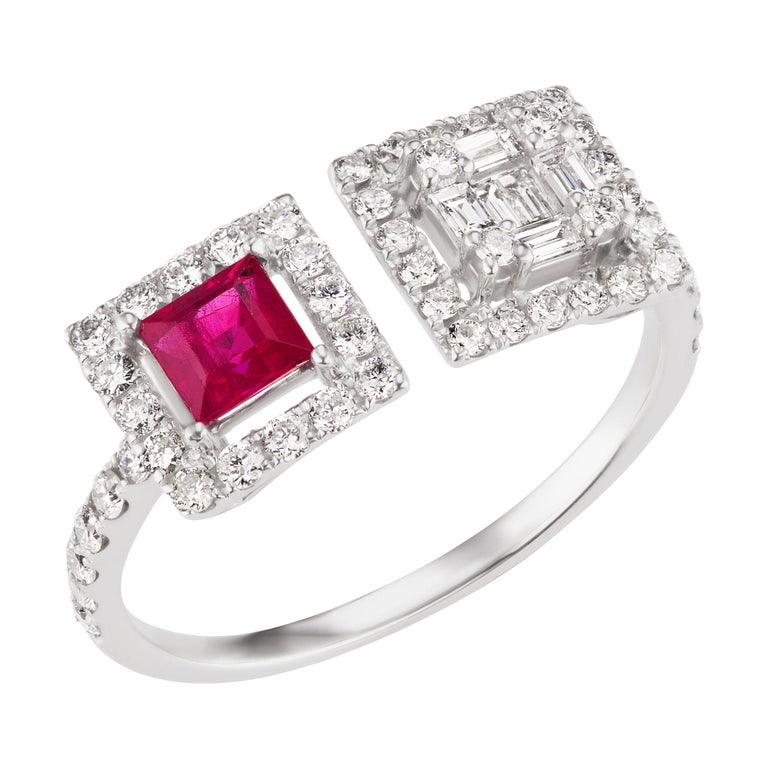 18K White Gold Ruby and Pave Diamond Bypass Ring For Sale at 1stDibs