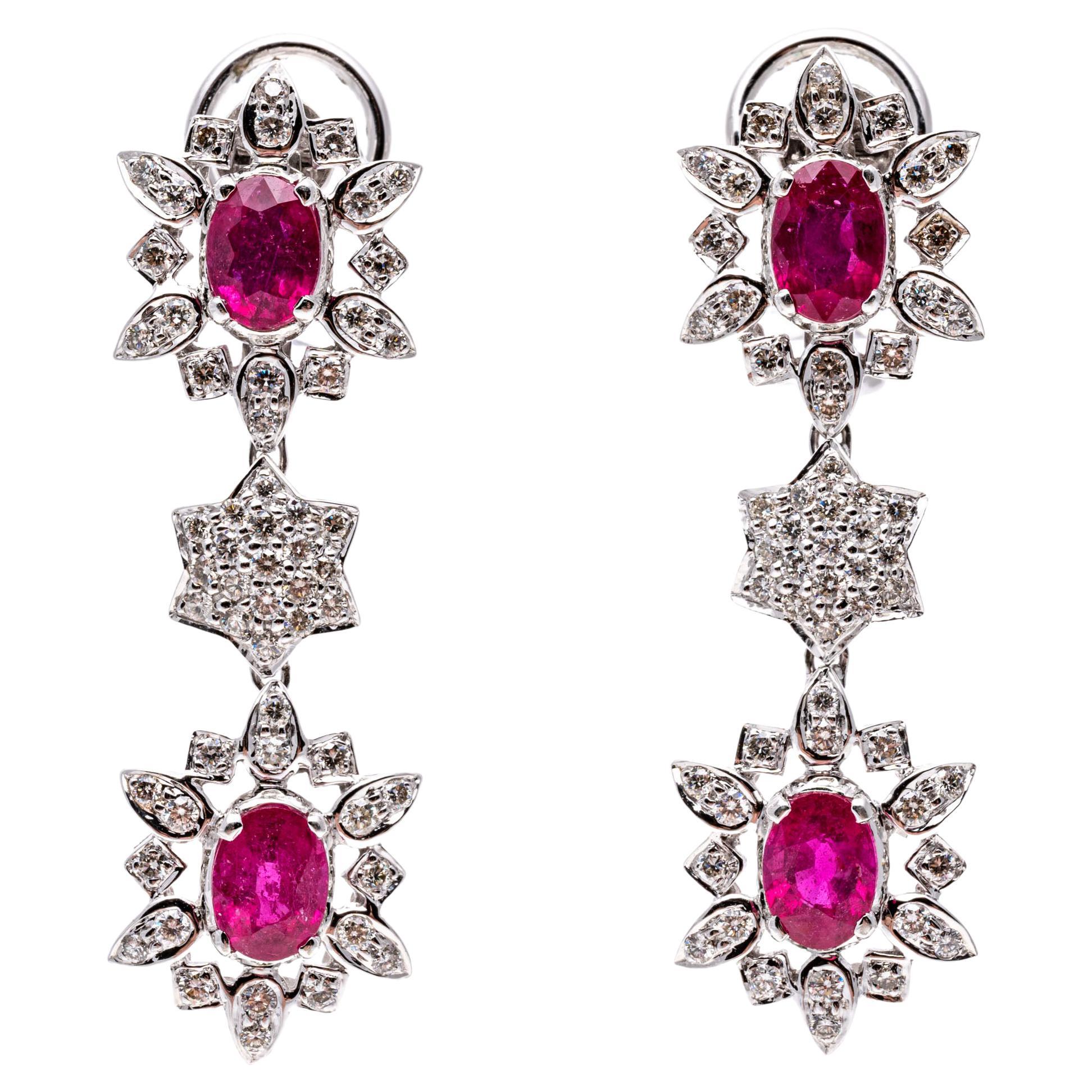18K White Gold Ruby Cluster and Pave Diamond Star Drop Pendant Earrings ...