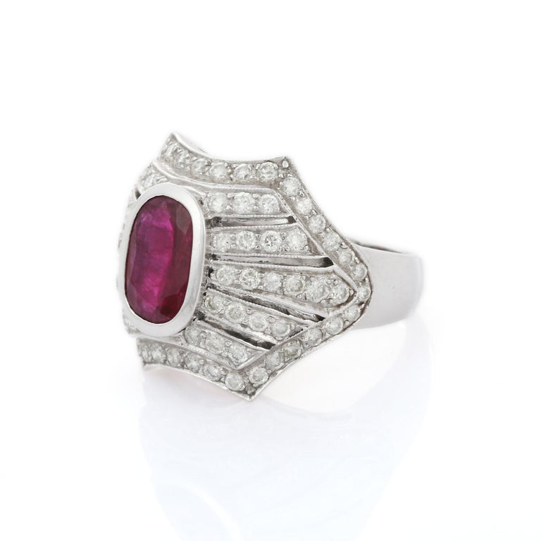 Customizable 18K White Gold Ruby Cluster Wedding Diamond Ring For Sale ...