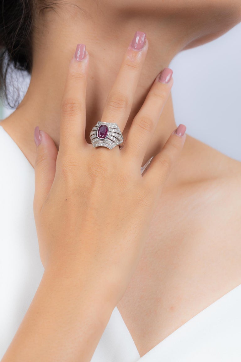Customizable 18K White Gold Ruby Cluster Wedding Diamond Ring For Sale ...