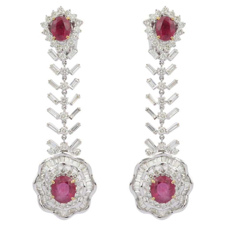 18K White Gold Ruby Diamond Dangle and Drop Earrings For Sale at 1stDibs