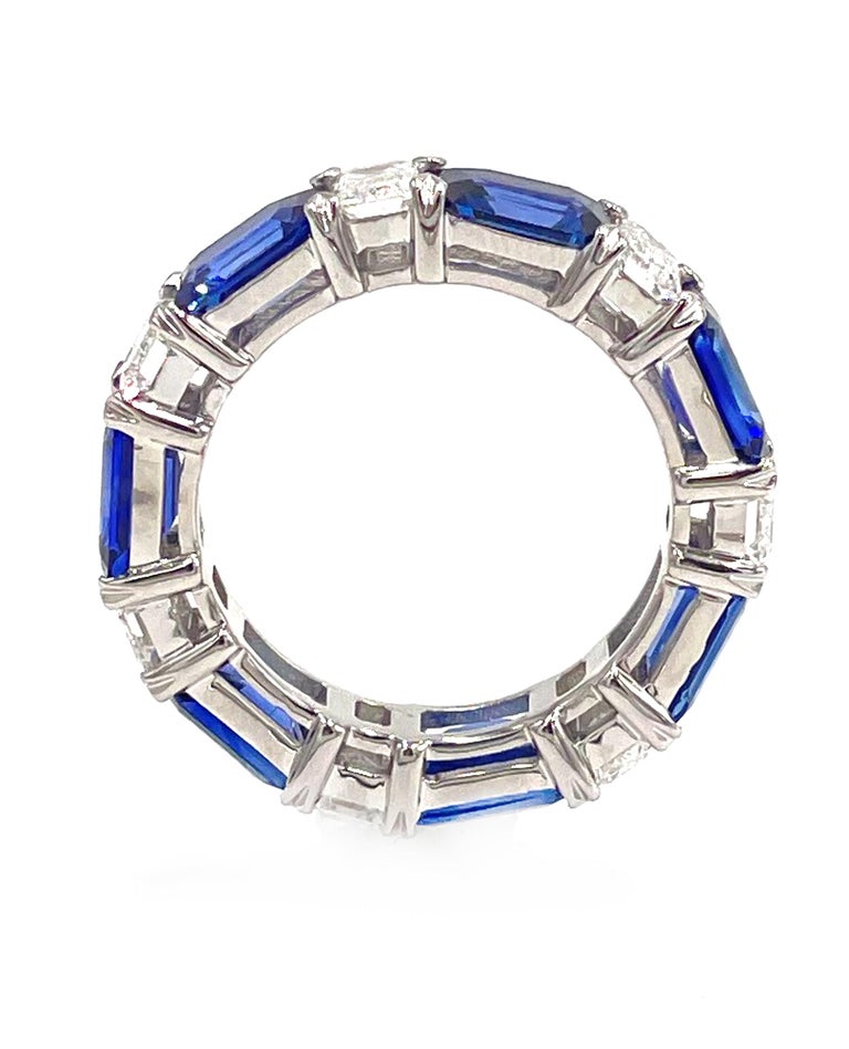 18K White Gold Sapphire and Diamond Emerald Cut Eternity Ring For Sale ...