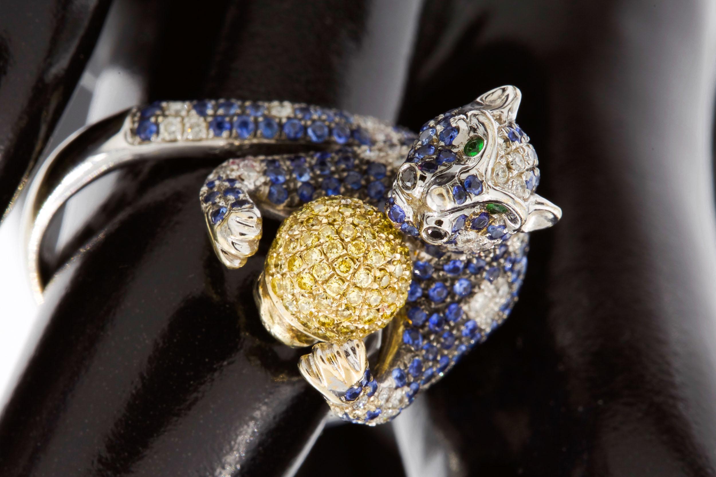 18K White Gold, Sapphire and Diamond Leopard Ring at 1stDibs
