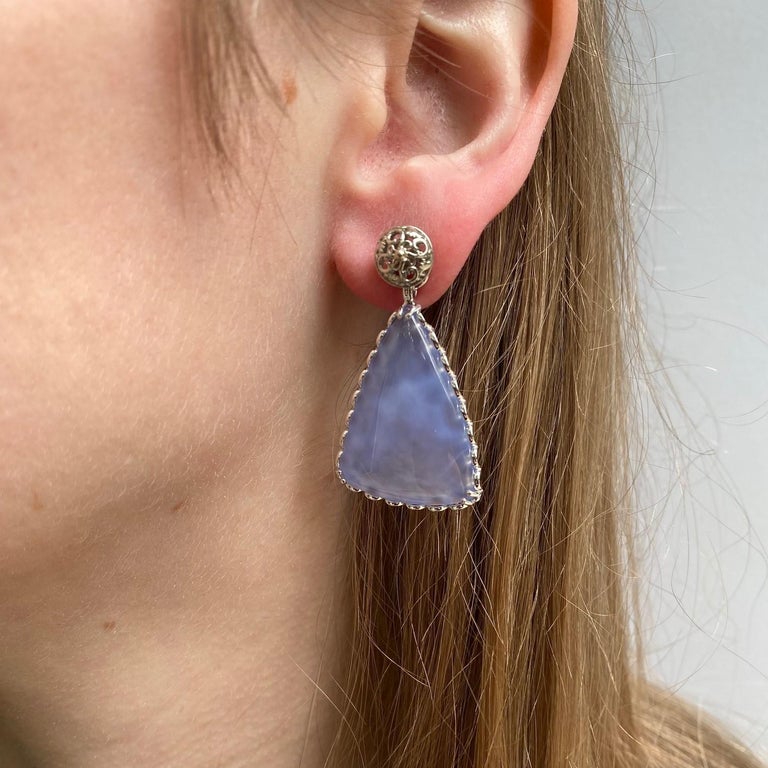 18 Karat White Gold Scroll Pattern Studs with Blue Chalcedony Earring ...