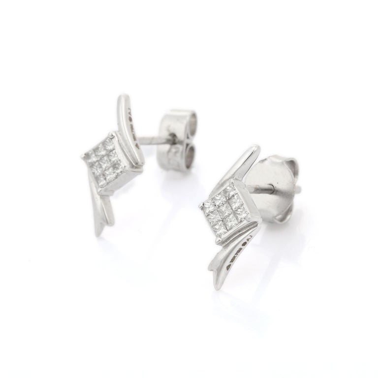 18K Solid White Gold Square Cut Natural Diamond Stud Earrings For Her ...