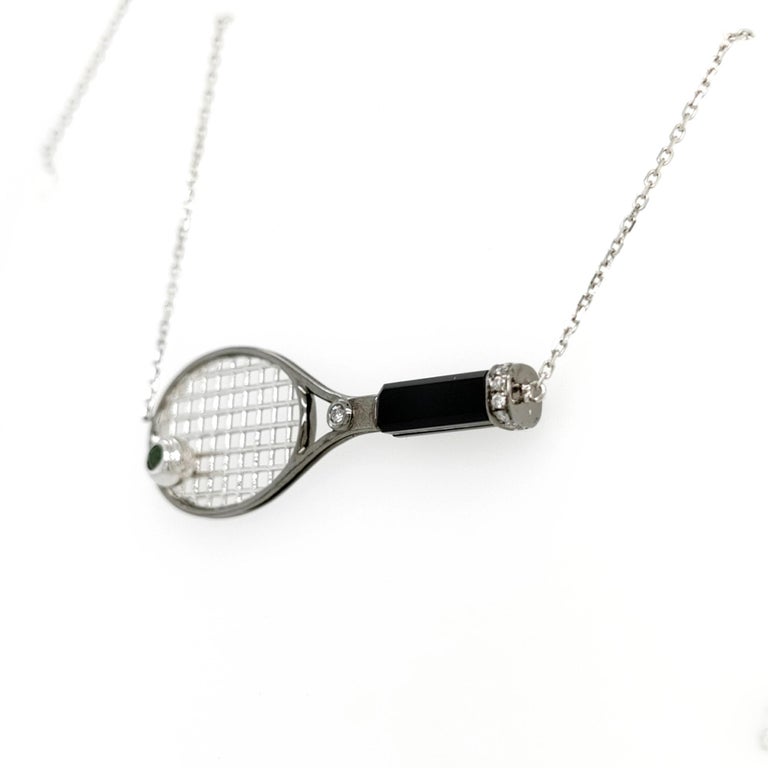 18K White Gold Tennis Racket Diamond Pendant Necklace with Green Garnet ...
