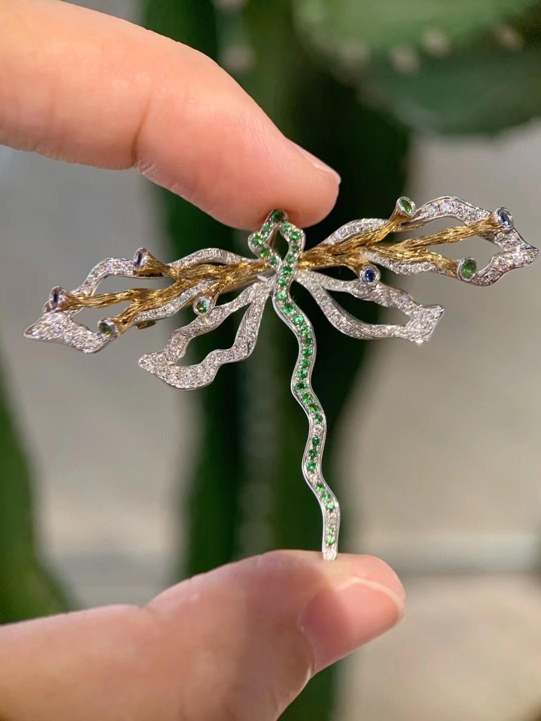 18K White Gold Tsavorite and Multi-Color Sapphire Dragonfly Brooch and ...