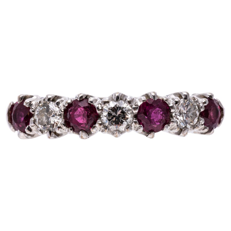 18k White Gold Vintage Alternating Ruby and Diamond Band Ring For Sale ...
