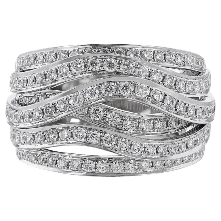 18K White Gold Wavy Multi Row Diamond Cocktail Ring, 1.12ct. For Sale ...