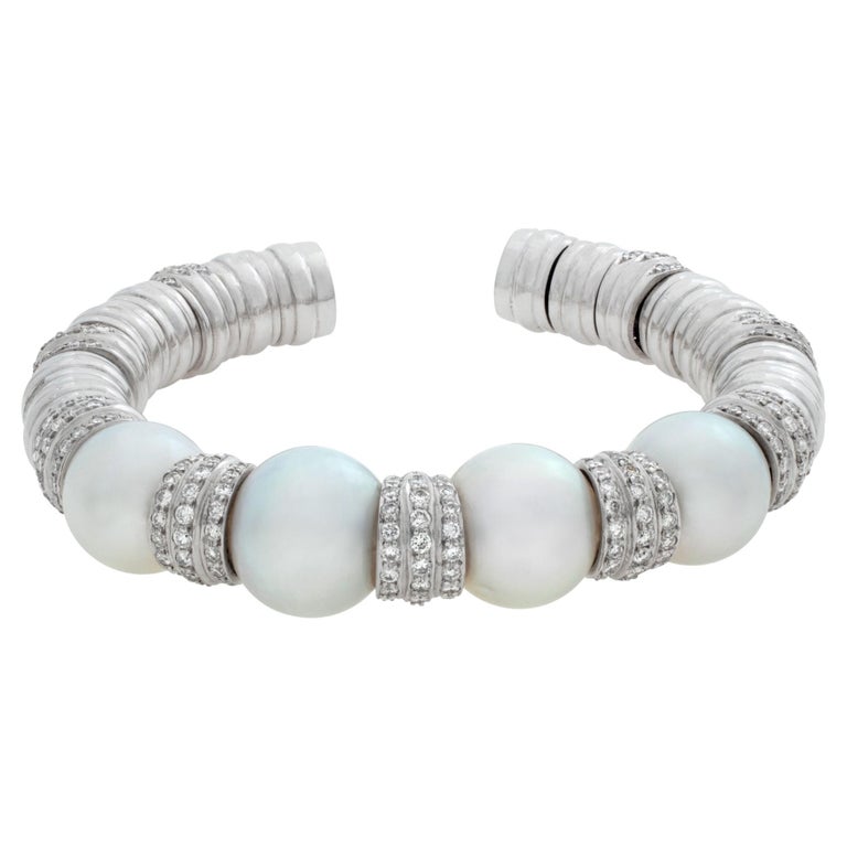 18k white gold white pearl bangle with 3.45 carats in diamonds For Sale ...