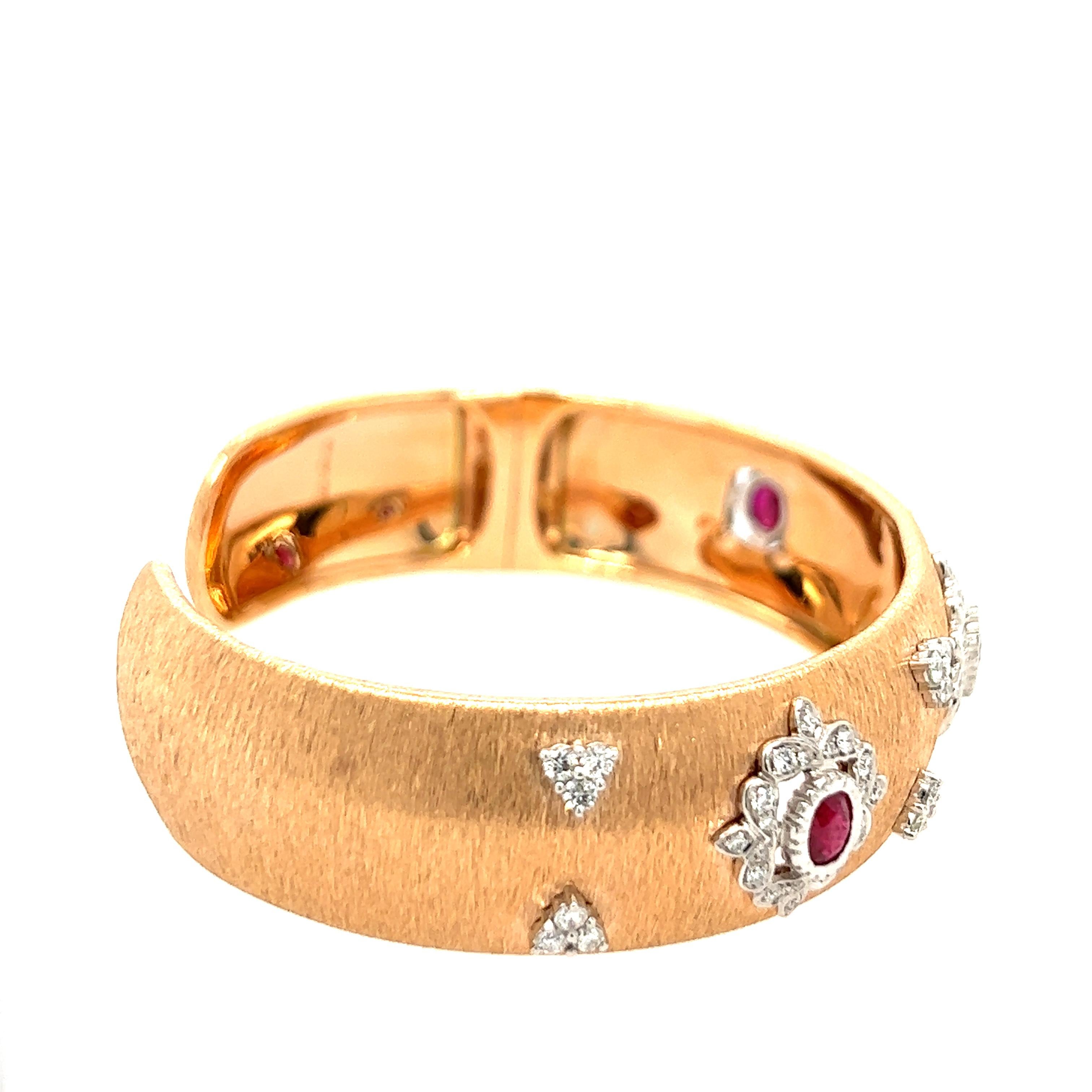 18K White and Rose Gold Artisan Ruby Diamond Bangle in Florentine ...