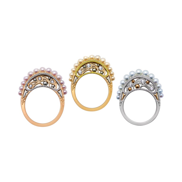 18K White/Rose/Yellow Gold, Diamonds, Baby Akoya Pearls, Ring For Sale at 1stDibs