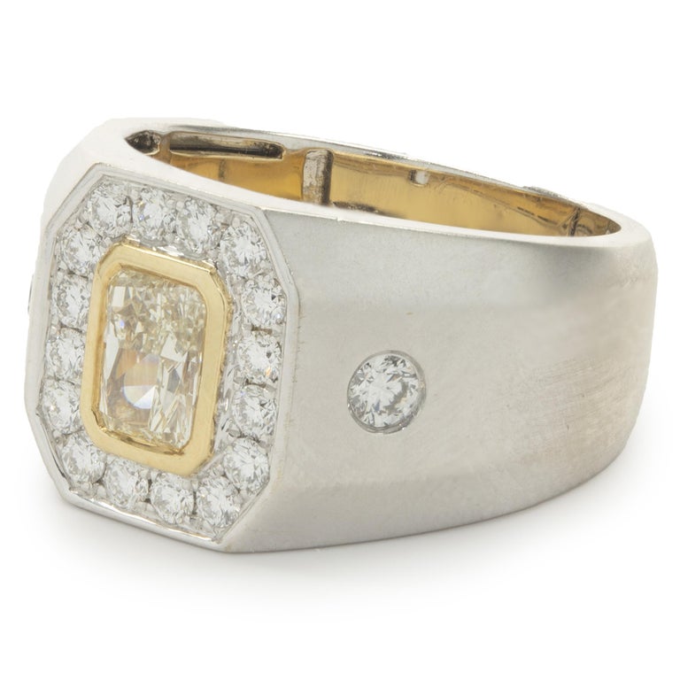 18k White and Yellow Gold Fancy Yellow Diamond Signet Style Ring with ...