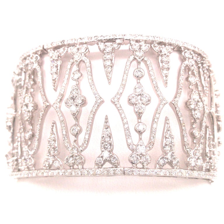 18K Wide, Open Space Diamond Bangle Cuff White Gold For Sale at 1stDibs