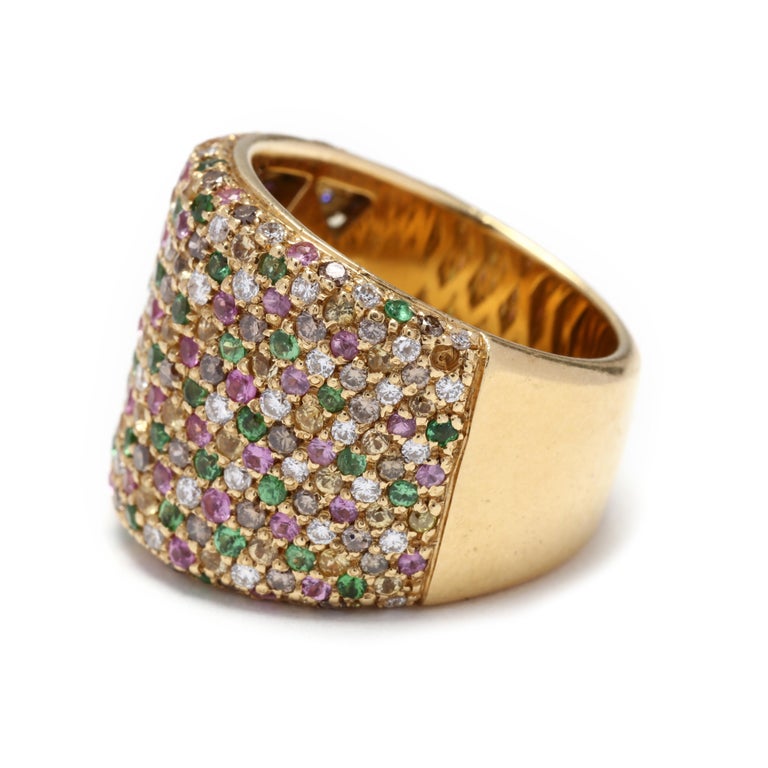 18K Wide Pave Diamond, Pink Sapphire, Tsavorite Garnet and More Band ...