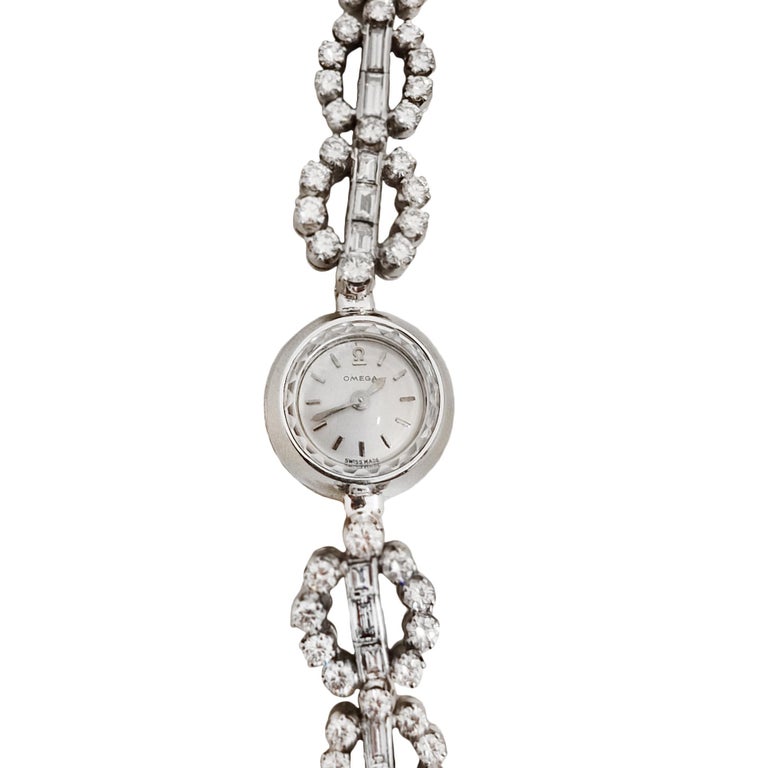 18k Withe Gold Omega Wrist Watch with 3.78 Carat Diamonds For Sale at ...