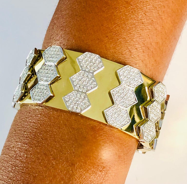 18 Karat Yellow and White Gold Diamond Spring Bangle Bracelet For Sale ...