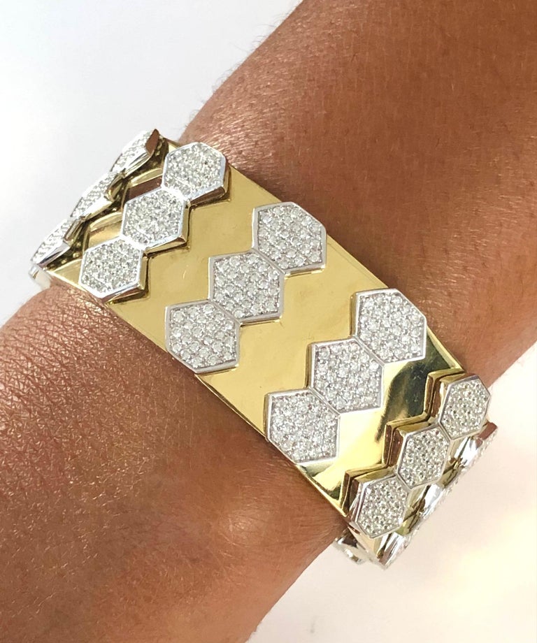 18 Karat Yellow and White Gold Diamond Spring Bangle Bracelet For Sale ...