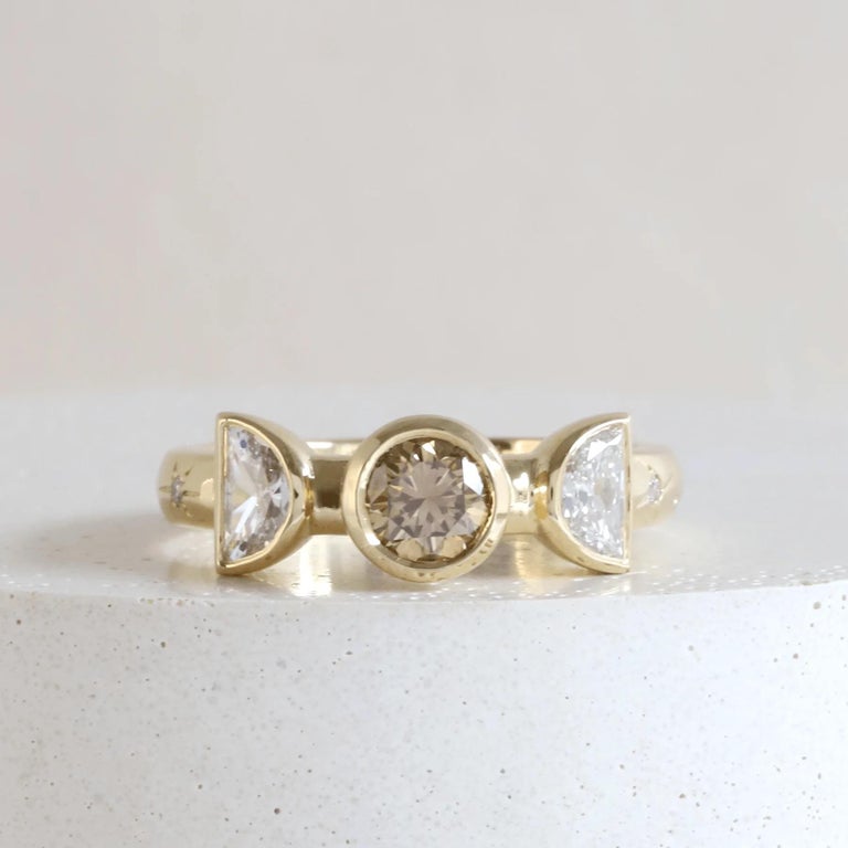18k Yellow Bezel Diamond Ring, Brown Diamond and Half-Moons, Hand ...