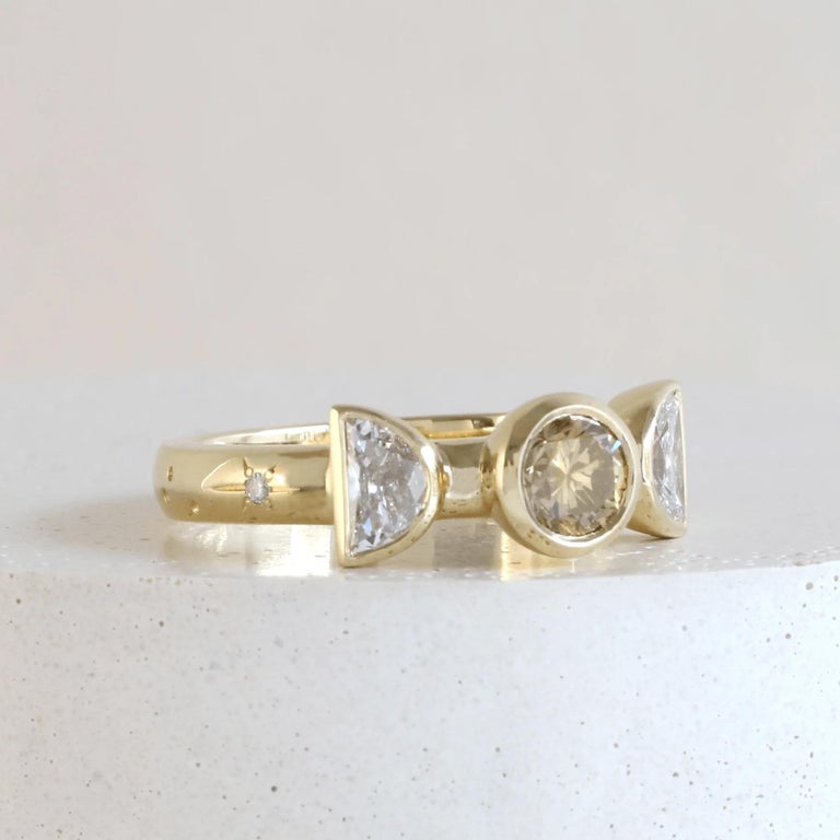 18k Yellow Bezel Diamond Ring, Brown Diamond and Half-Moons, Hand ...