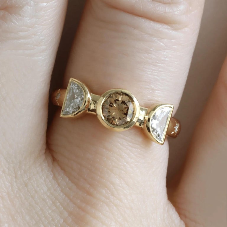18k Yellow Bezel Diamond Ring, Brown Diamond and Half-Moons, Hand ...