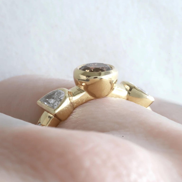 18k Yellow Bezel Diamond Ring, Brown Diamond and Half-Moons, Hand ...