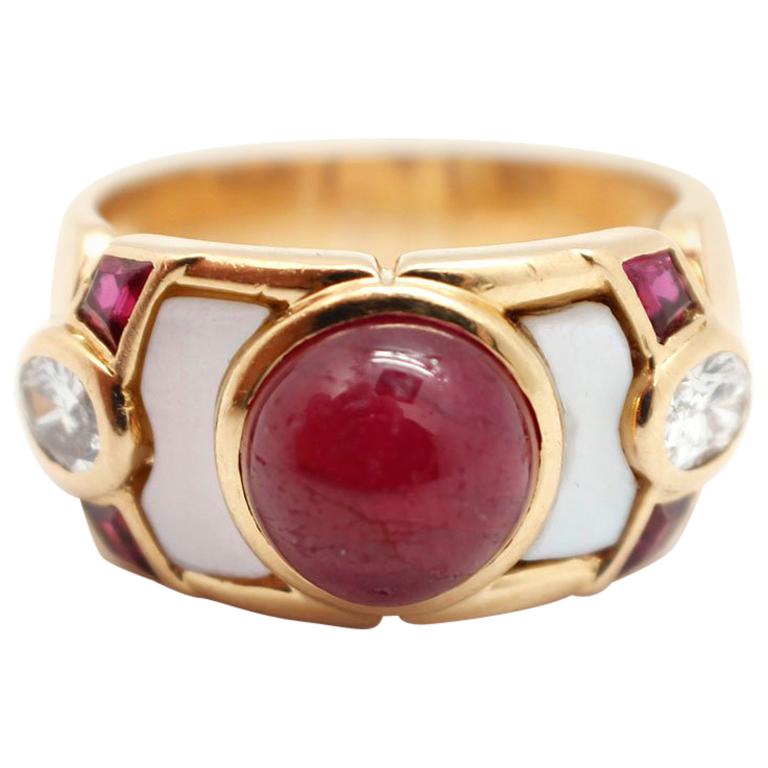 18k Yellow Gold 0.45cttw Diamond Ruby Cabochon MOP Opal Inlay Ring at ...